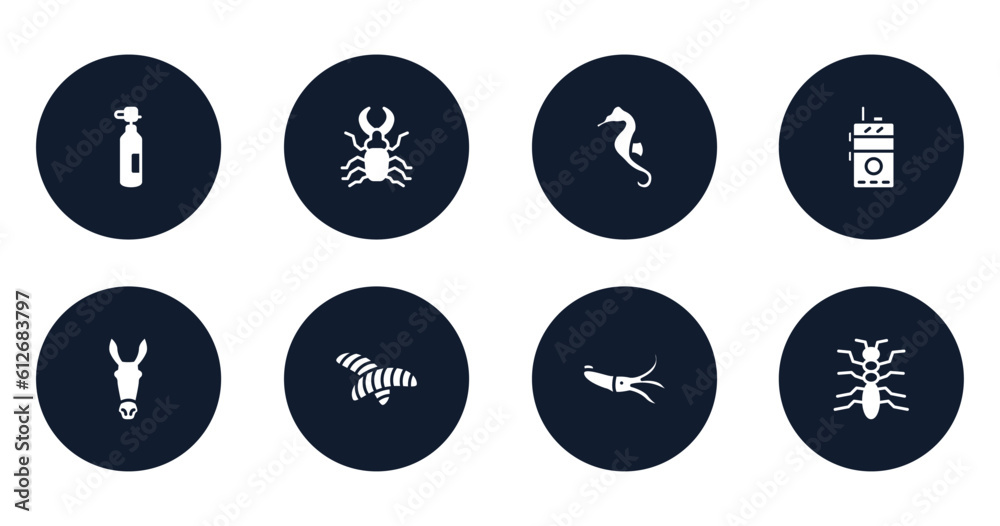 insects filled icons set. flat filled icons sheet included oxygen tank, stag beetle, seahorse ...