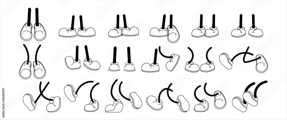 Cartoon legs in shoes. Set. Comic retro feet in different poses. Stock ...