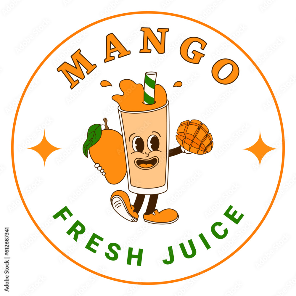 Sticker of mango juice character in cartoon style. Isolated vector ...