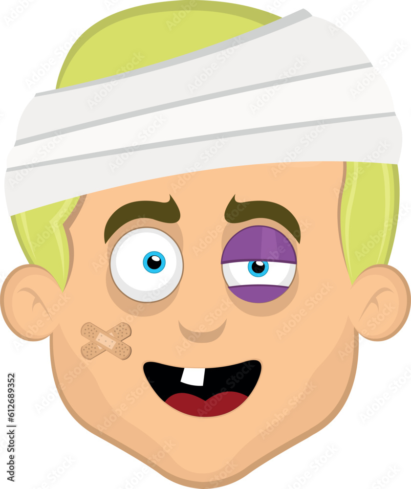 vector illustration face man cartoon blonde blue eyes, injury, with bandages on his head, a ...