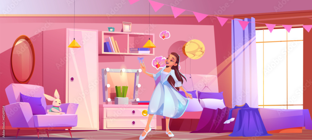 Obraz Girl teen in pink bedroom interior vector cartoon background ...