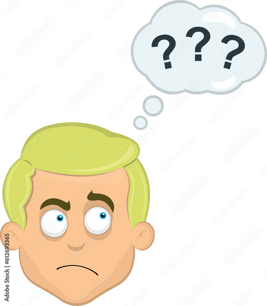 vector illustration face man cartoon blonde blue eyes, thinking or ...