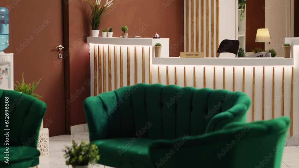 Stylish posh welcoming rustic resort lobby interior filled with green ...