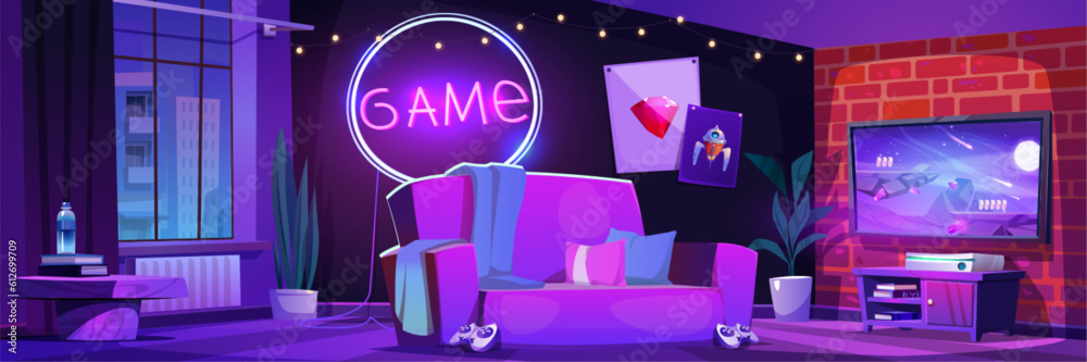 Gamer tournament night cartoon illustration vector. Streamer room ...