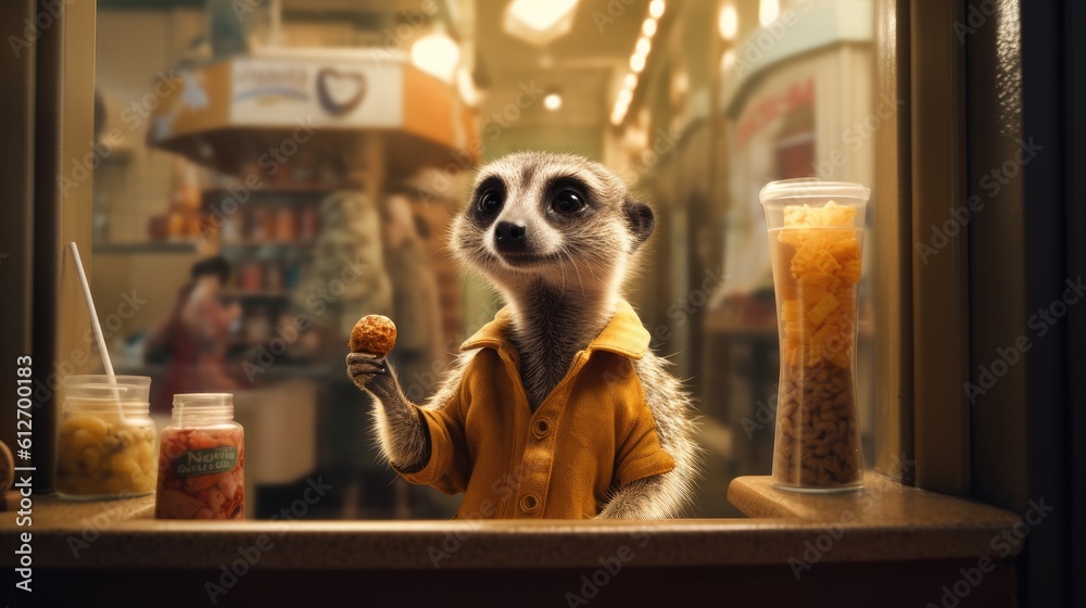 A curious meerkat standing on its hind legs, peering over a counter to ...