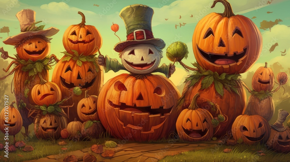 A funny and whimsical scene featuring a pumpkin patch with misshapen ...