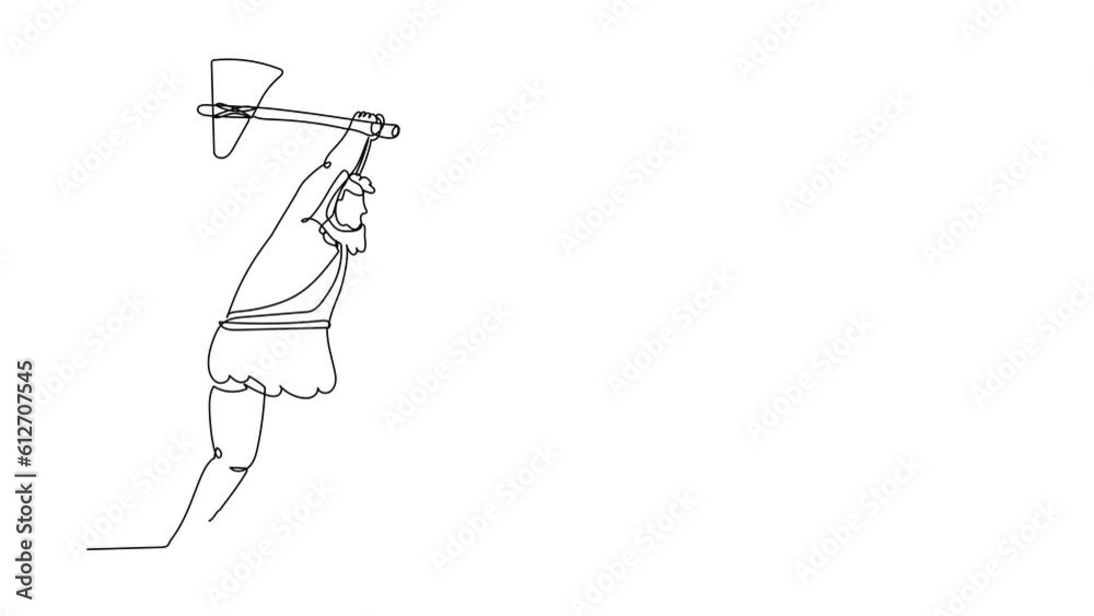 Self drawing animation of single line draw prehistoric man holding ...