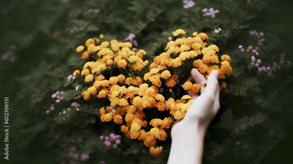 Love for nature, a female hand gently touching flowers arranged in the ...