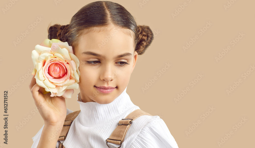 Beautiful cute teen girl holding bud of blooming peony, isolated on ...