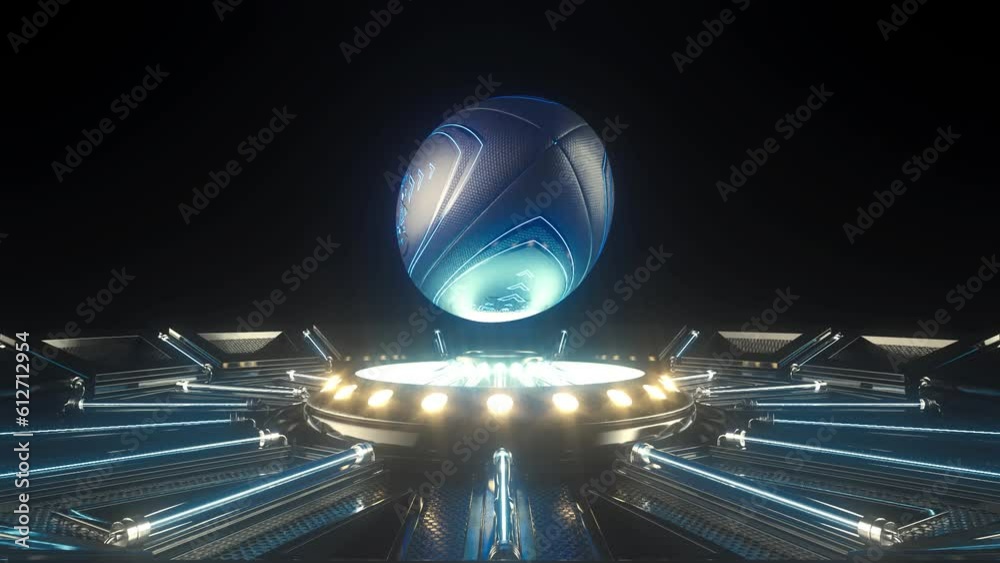 A futuristic sports concept of a rugby ball lit with neon markings ...