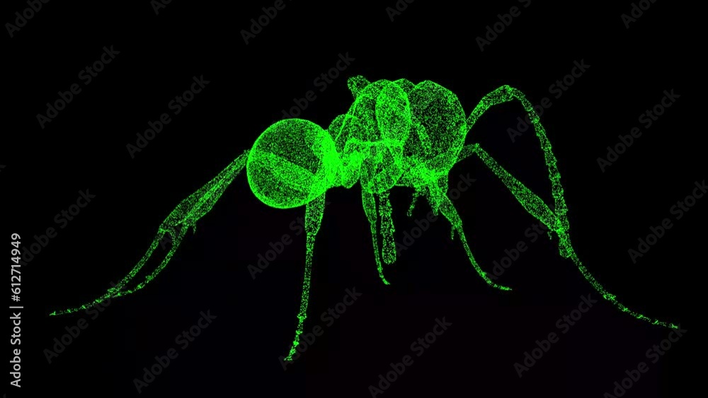 3D ant rotates on black background. Object made of shimmering particles ...