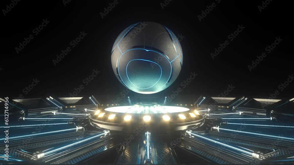 A futuristic sports concept of a soccer or football ball lit with neon ...