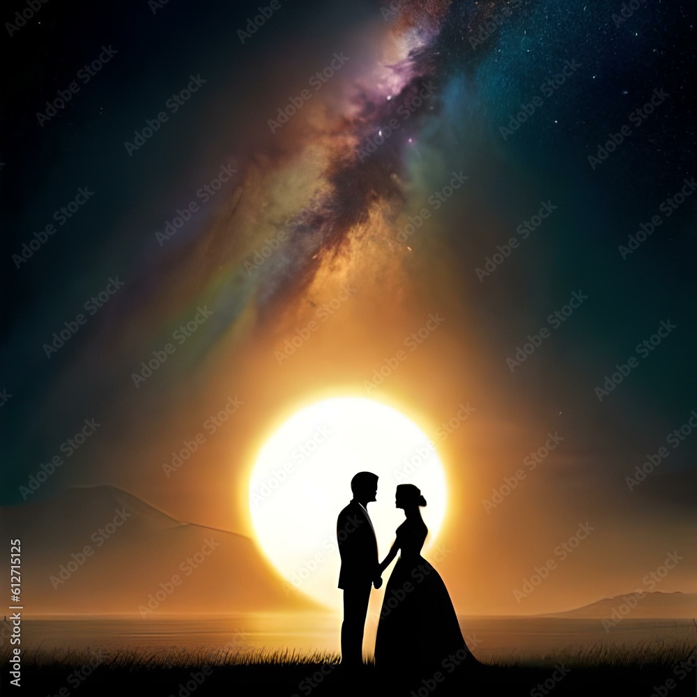 Romantic Silhouette of Kissing Couple under Starry Night Sky Love and ...