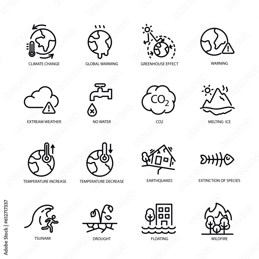 Set of greenhouse effect, climate change icons, Global warming effect ...