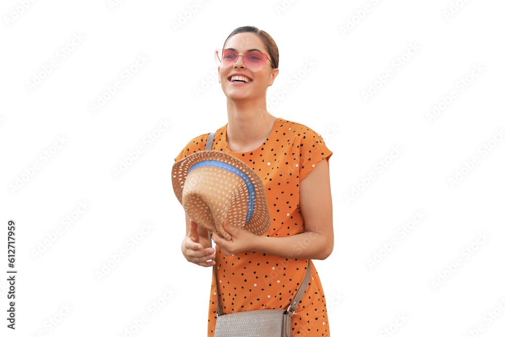 Portrait fashion woman is posing on a transparent background. Laughing ...