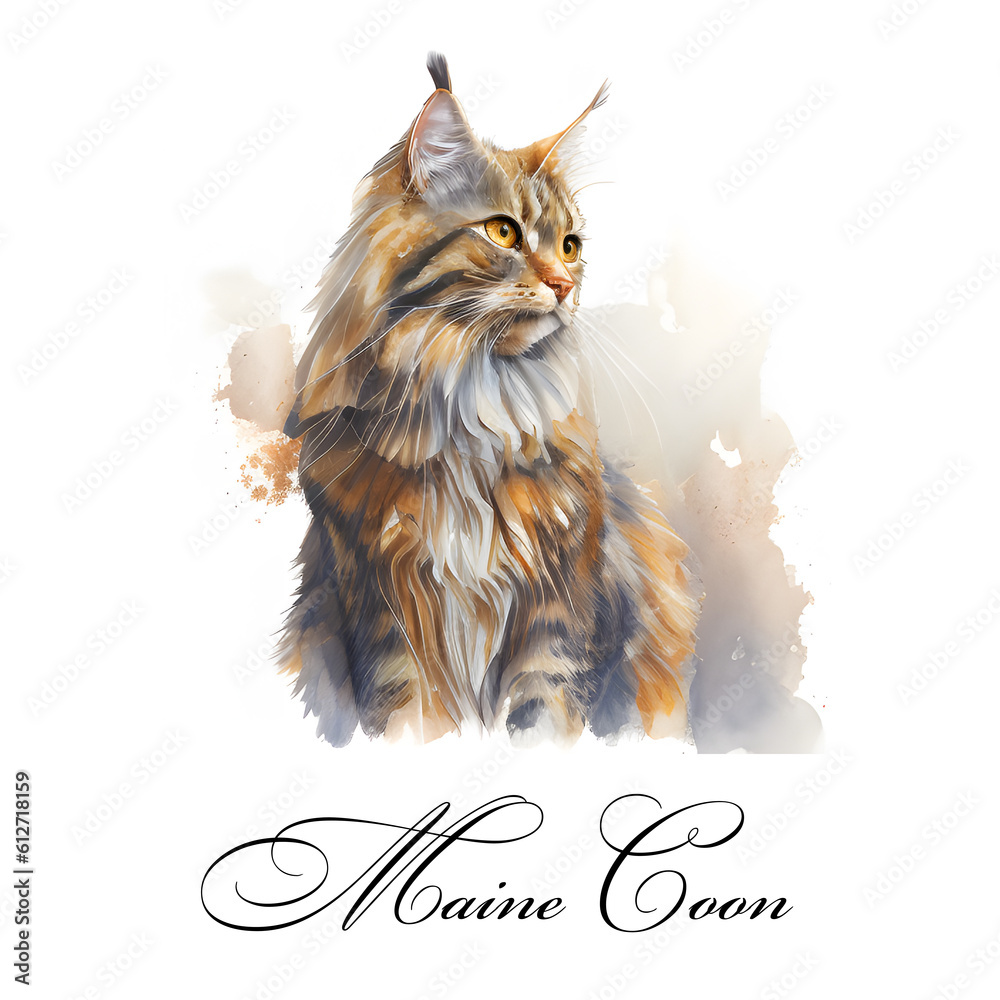 Watercolor illustration of a single cat breed maine coon. AI generated. Watercolor animal ...