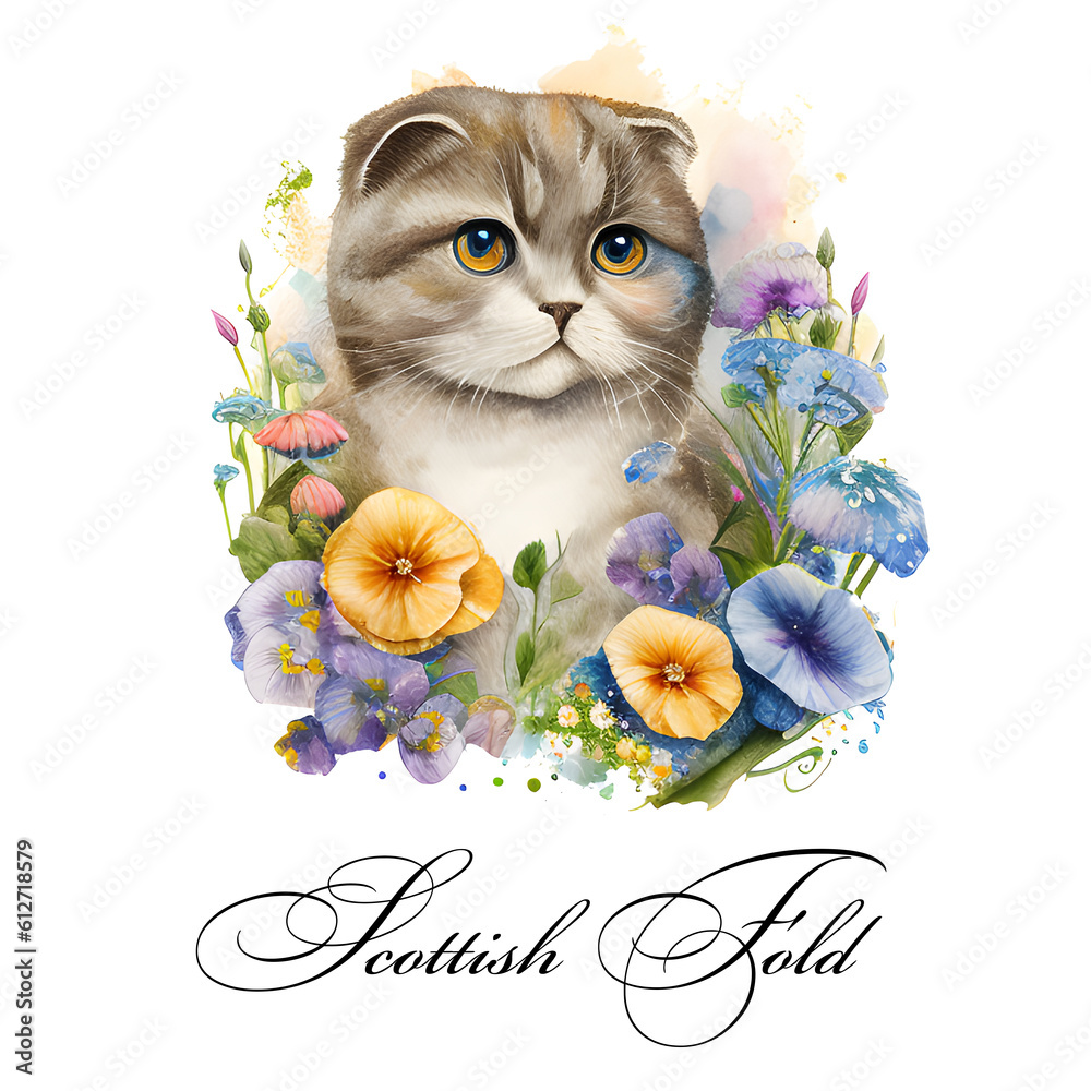 Watercolor illustration of a single cat breed scottish fold with ...
