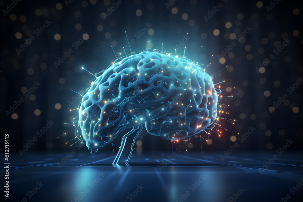 artificial intelligence brain. Vivid streams of data flow through the ...