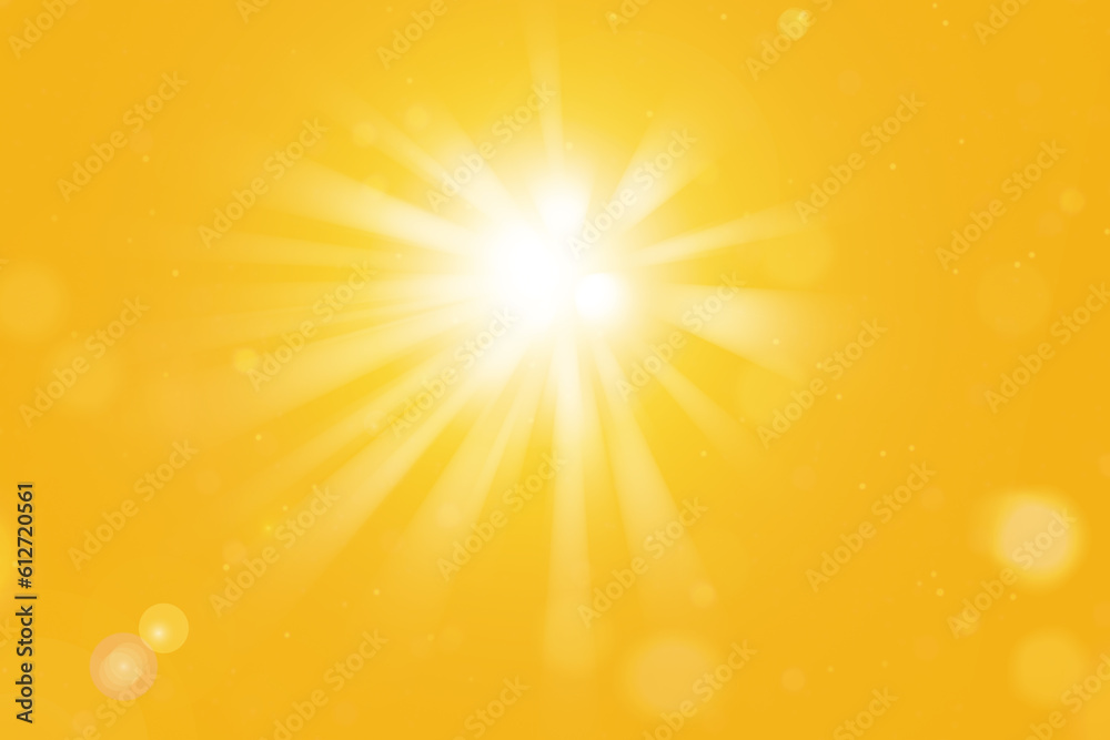 Bright sun with sun rays and lens flares on orange summer background ...