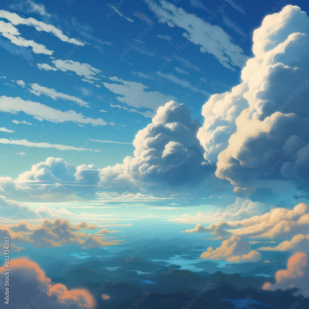 Beautiful clear sky with cloud in anime style,digital painting ...