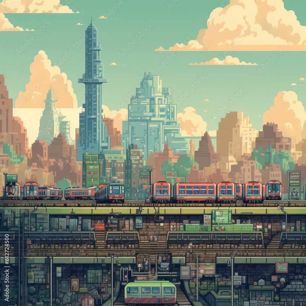 Train city and skyscrapers in pixel art style for game background ...