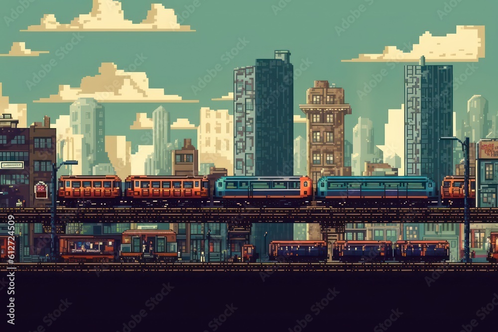 Train city and skyscrapers in pixel art style for game background ...