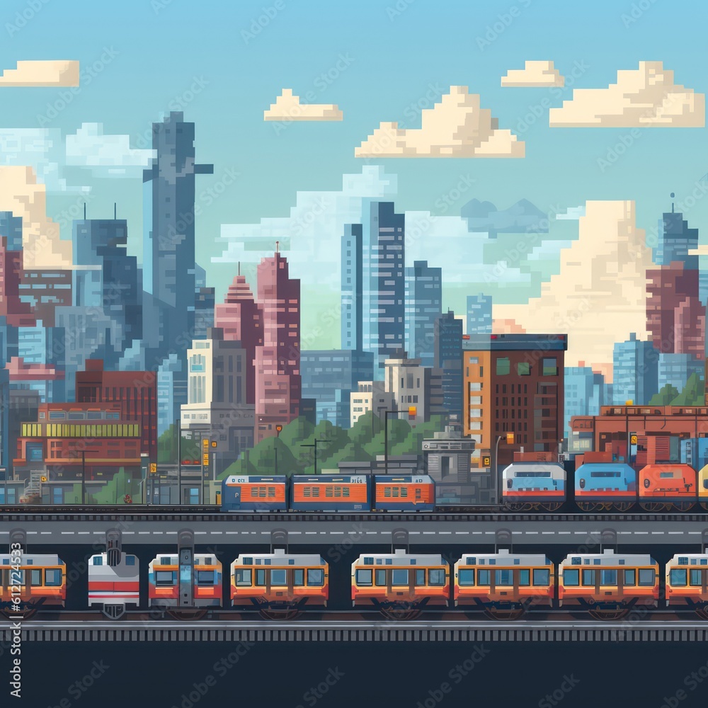 Train city and skyscrapers in pixel art style for game background ...