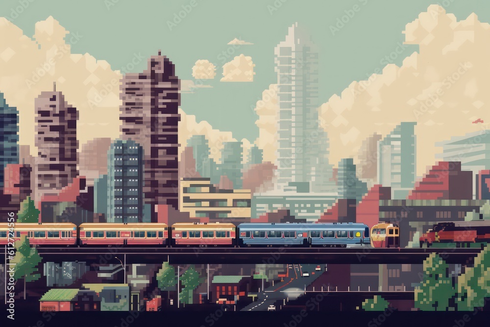 Train city and skyscrapers in pixel art style for game background ...