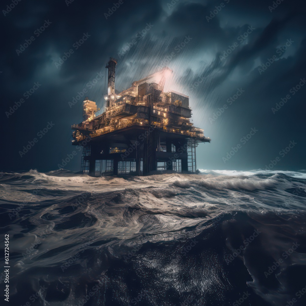 Tall offshore oil platform among the storm night. Realistic art ...