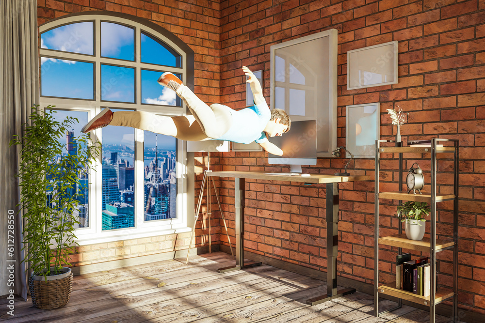 businessman floating in air gets sucked into pc display; surreal stress ...