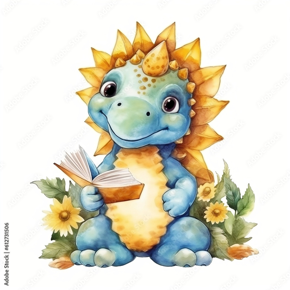 Illustration of a cute dinosaur reading a book on a white background AI ...