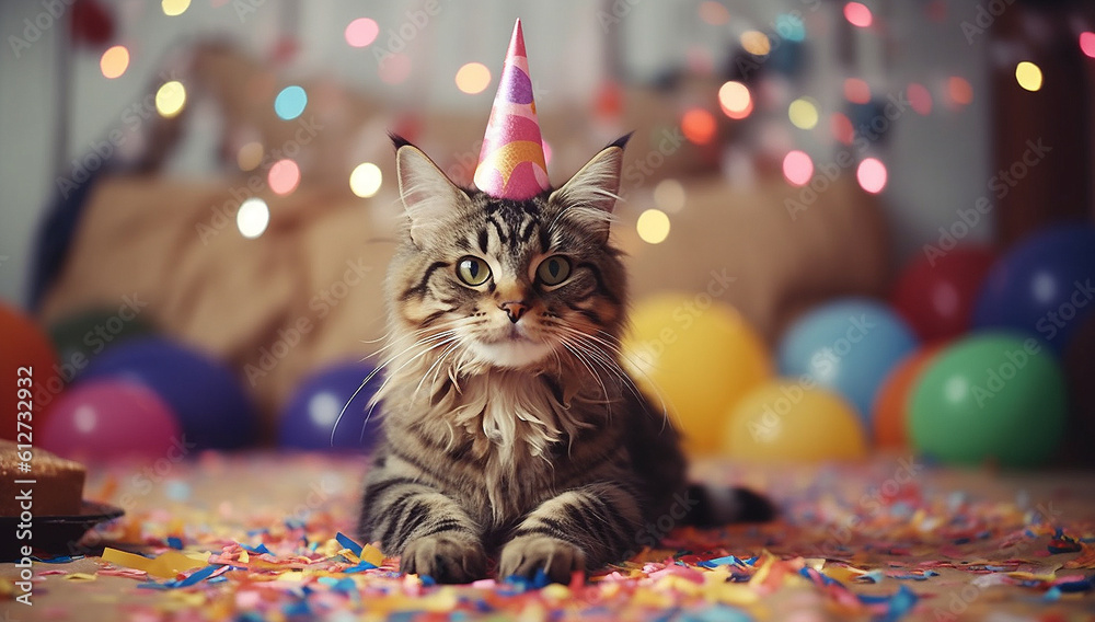 Cat celebrating his birthday with piece of cake and party hat, funny ...