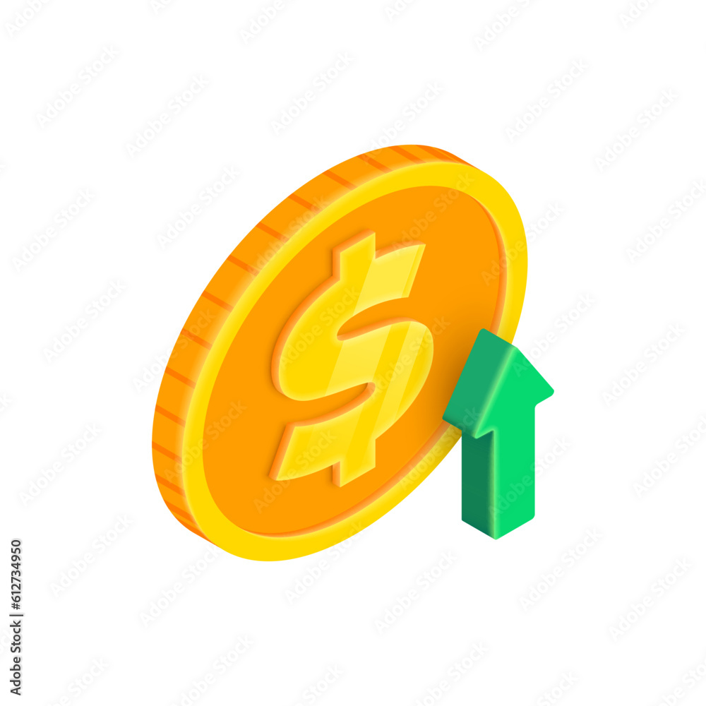 3D isometric money growth up concept. Vector trending upward green ...