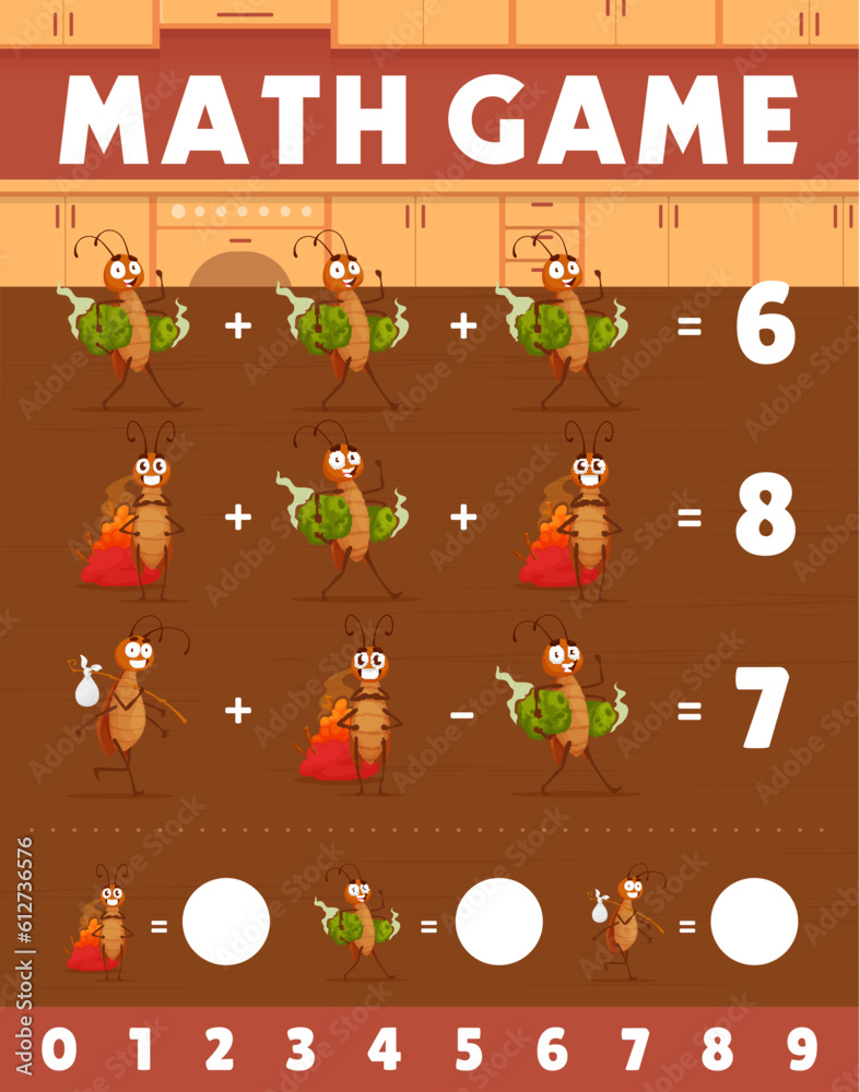 Math game worksheet. Cartoon cockroach characters on kitchen. Vector ...