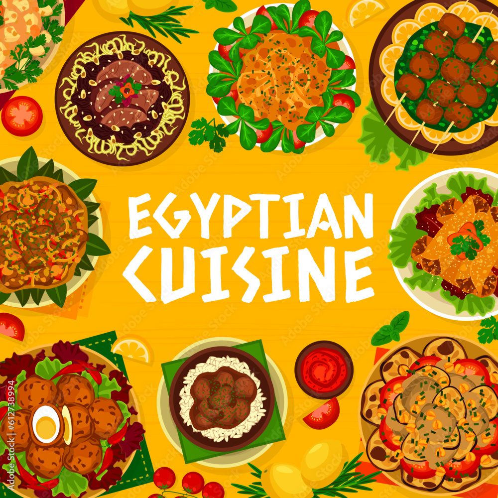 Egyptian cuisine menu cover page template. Stew with cumin, lamb ...