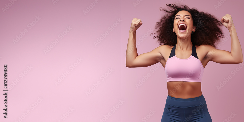 Happy, energetic woman jumping in athletic outfit. Sports, gym ...