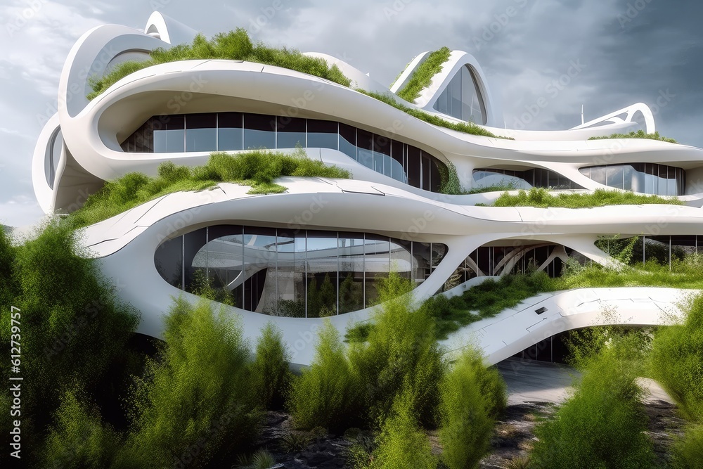 Futuristic architecture, sustainable building design, painted in white ...