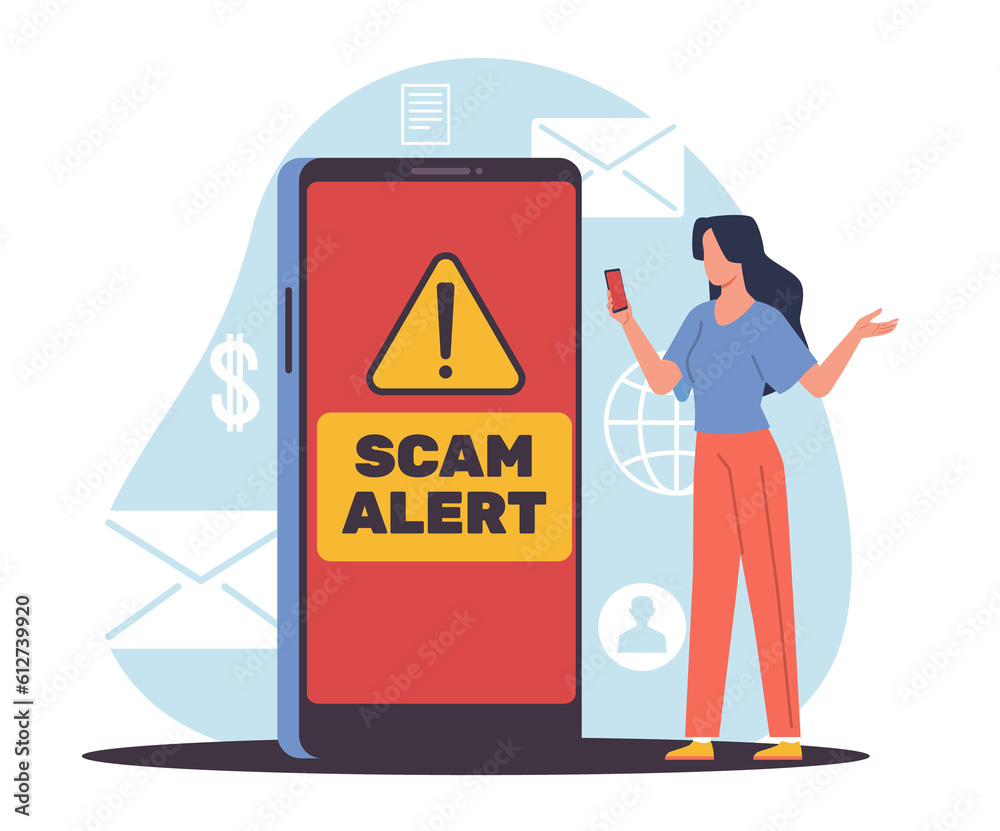 Scam alert, cell phone message. Huge smartphone screen, persistent ...