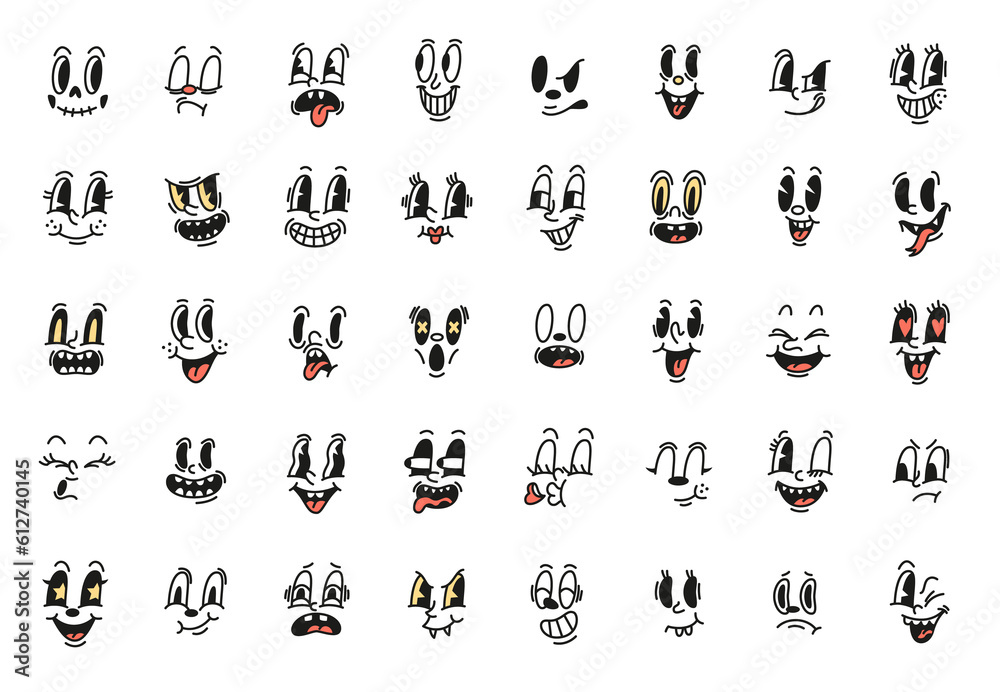 Comic retro faces. Vintage toons, different characters with expressive ...