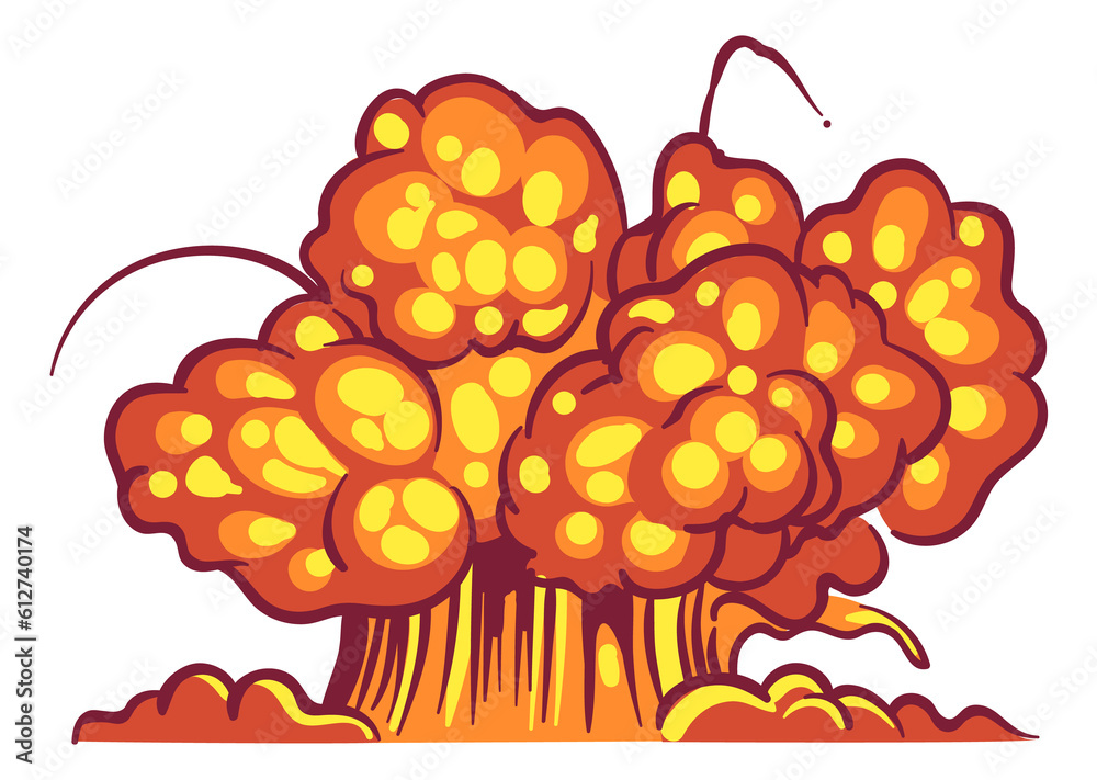 Cartoon explosion. Bang effect with smoke, atomic bomb, weapon burn ...