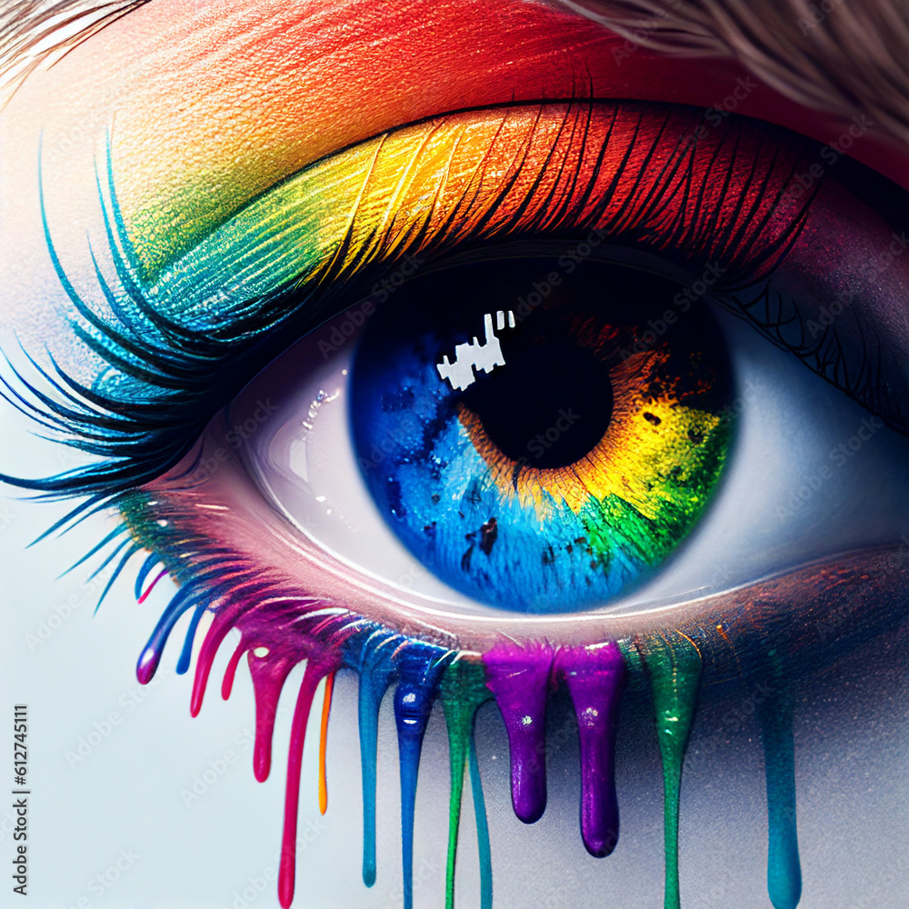 rainbow pride flag A close up of eye with pupil with colors of the ...