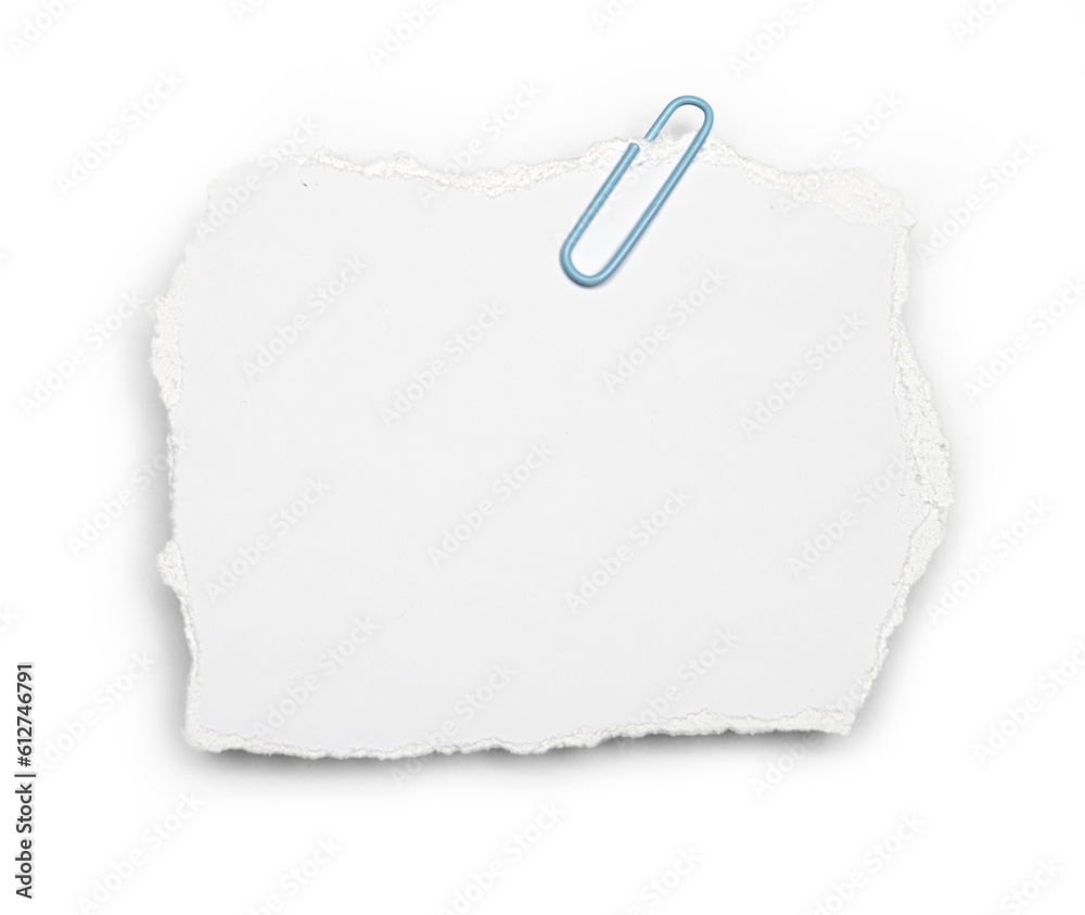White paper with torn edges and a blue paper clip on a transparent ...