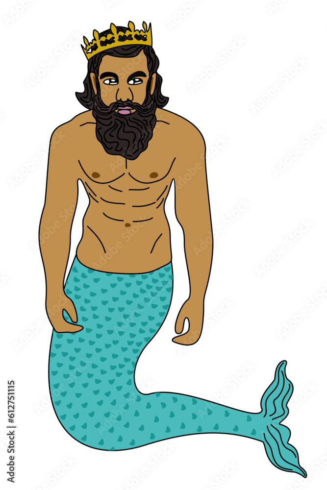 Neptune. Vector male portrait in golden crown and with fish tail ...