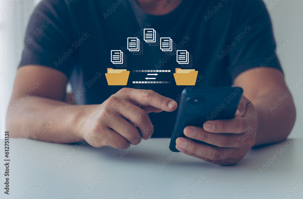 Foto de Man hand transferring files in virtual screen for Send of document on internet. Data ...