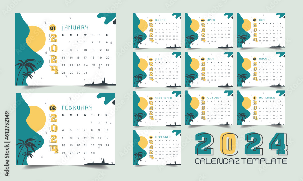 2024 calendar. Cover, set of 12 months pages and page with 2024 ...