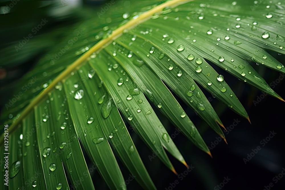 Tropical coconut palm leaf with water droplets. Closeup nature photo of palm leaves background ...