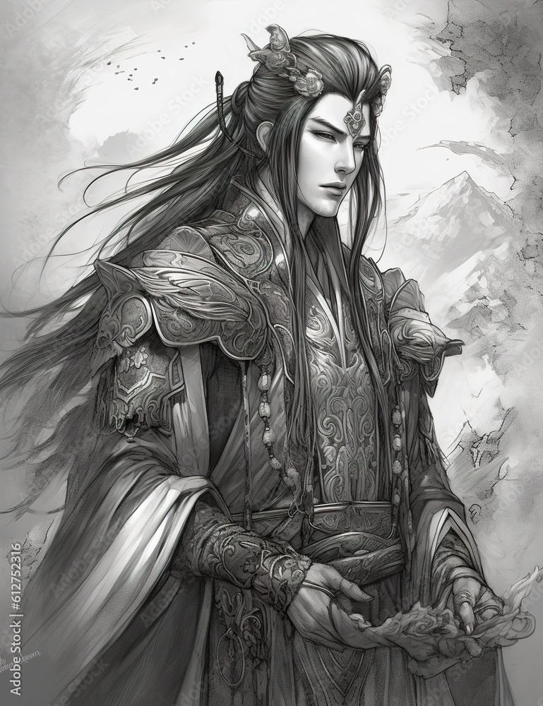 Fantasy character with Asian influences, black white illustration ...