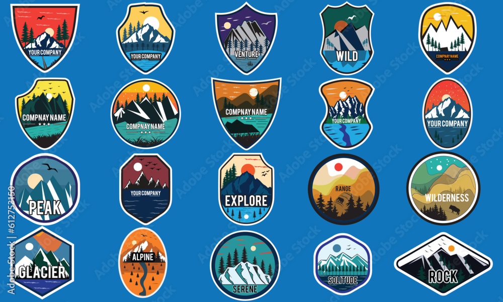Set of twenty mountain travel emblems. Camping outdoor adventure ...