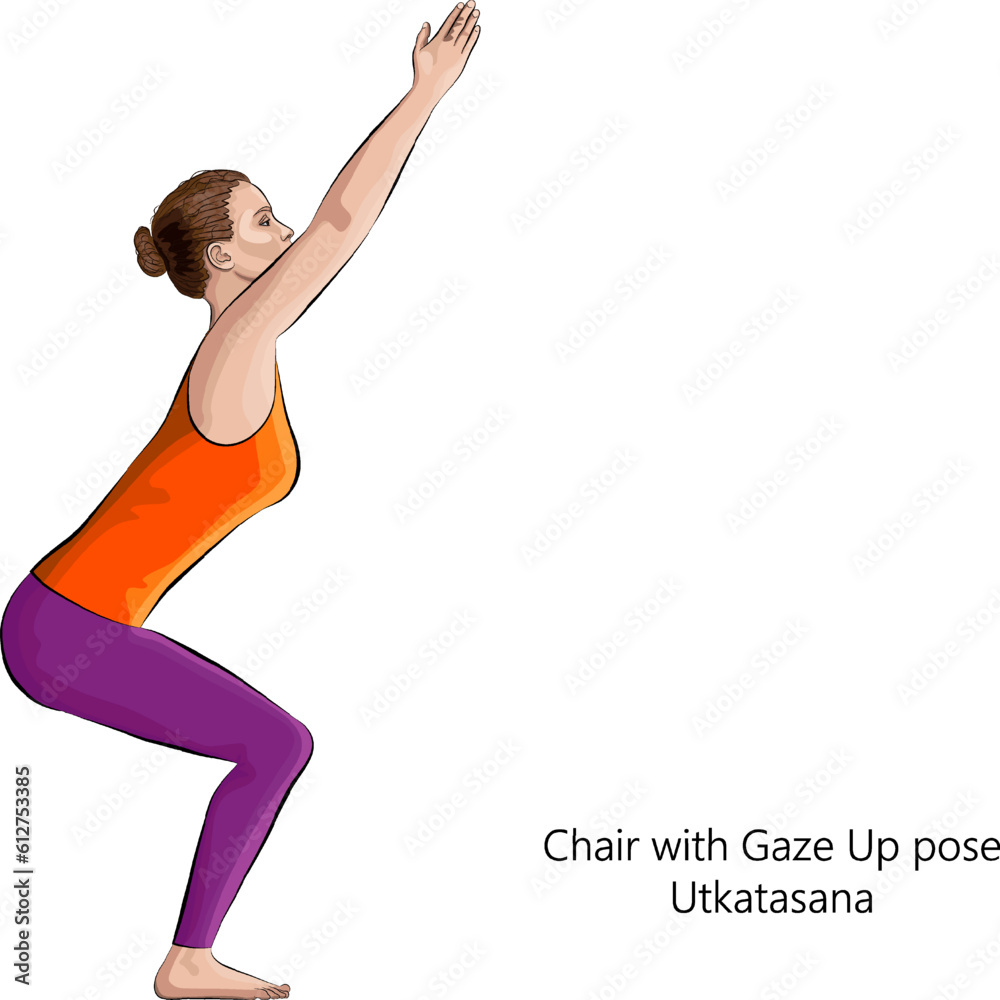 Young woman practicing yoga exercise, doing Chair with Gaze Up pose ...