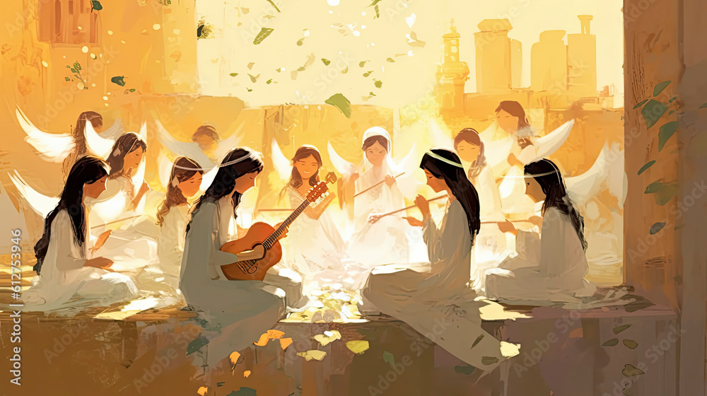 Colorful painting art of angels singing and praising God in heaven ...